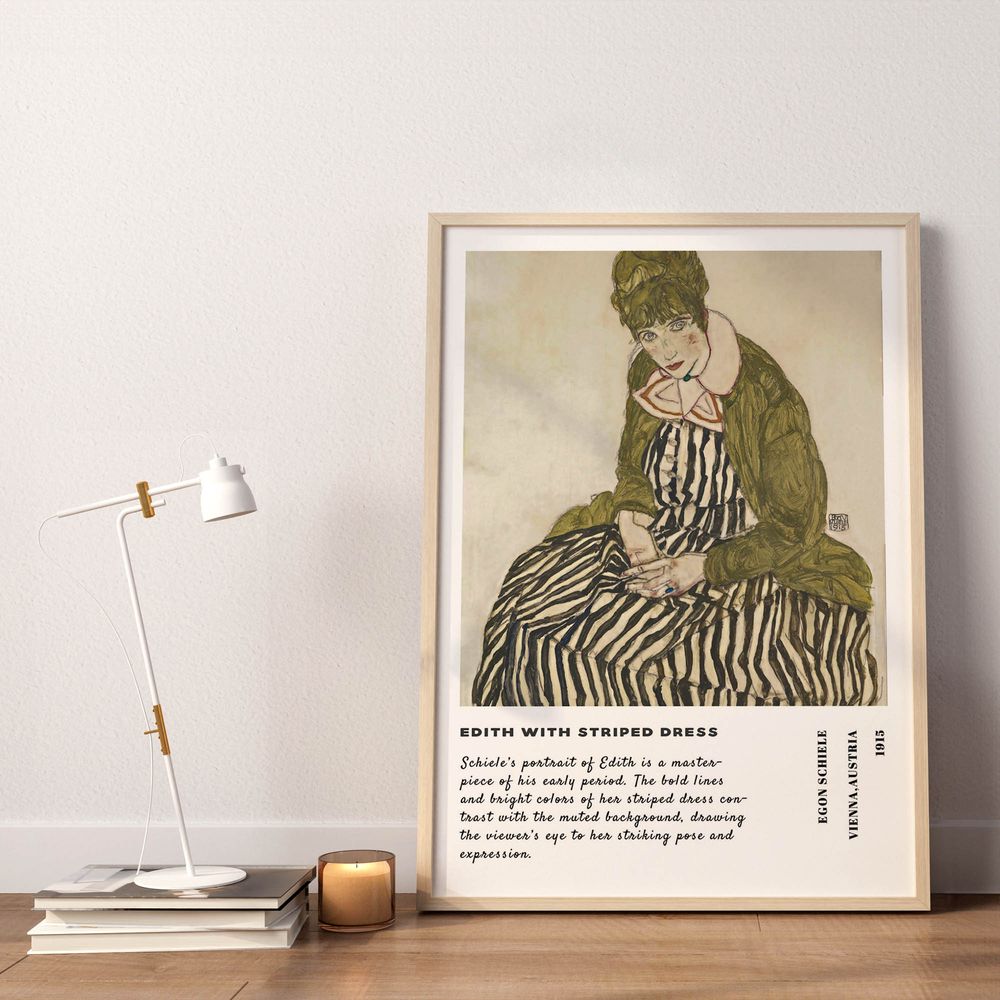 Edith with Striped Dress by Egon Schiele : VeeArt